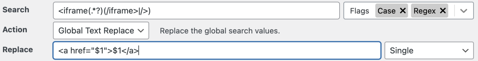 Find and replace an iframe – Search Regex